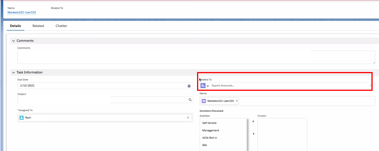 Creating a SFDC Task - "Related To" filed is empty - Marketing Nation