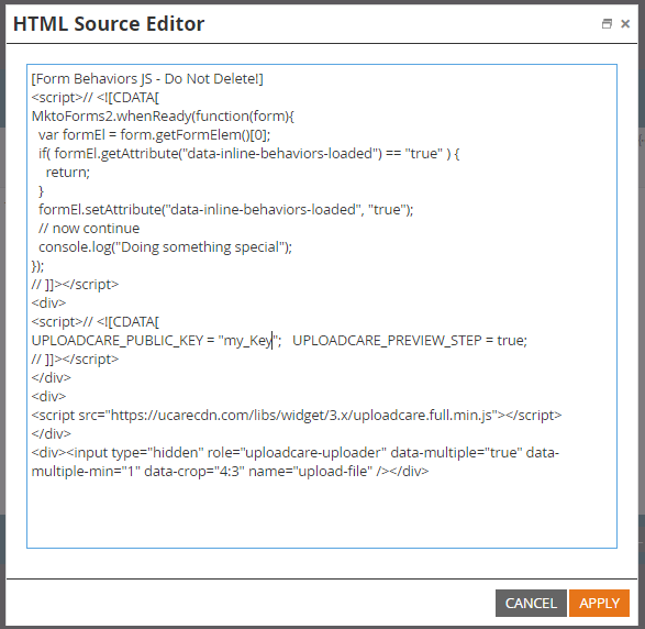 Solved: Javascript in a form for UploadCare - Marketing Nation