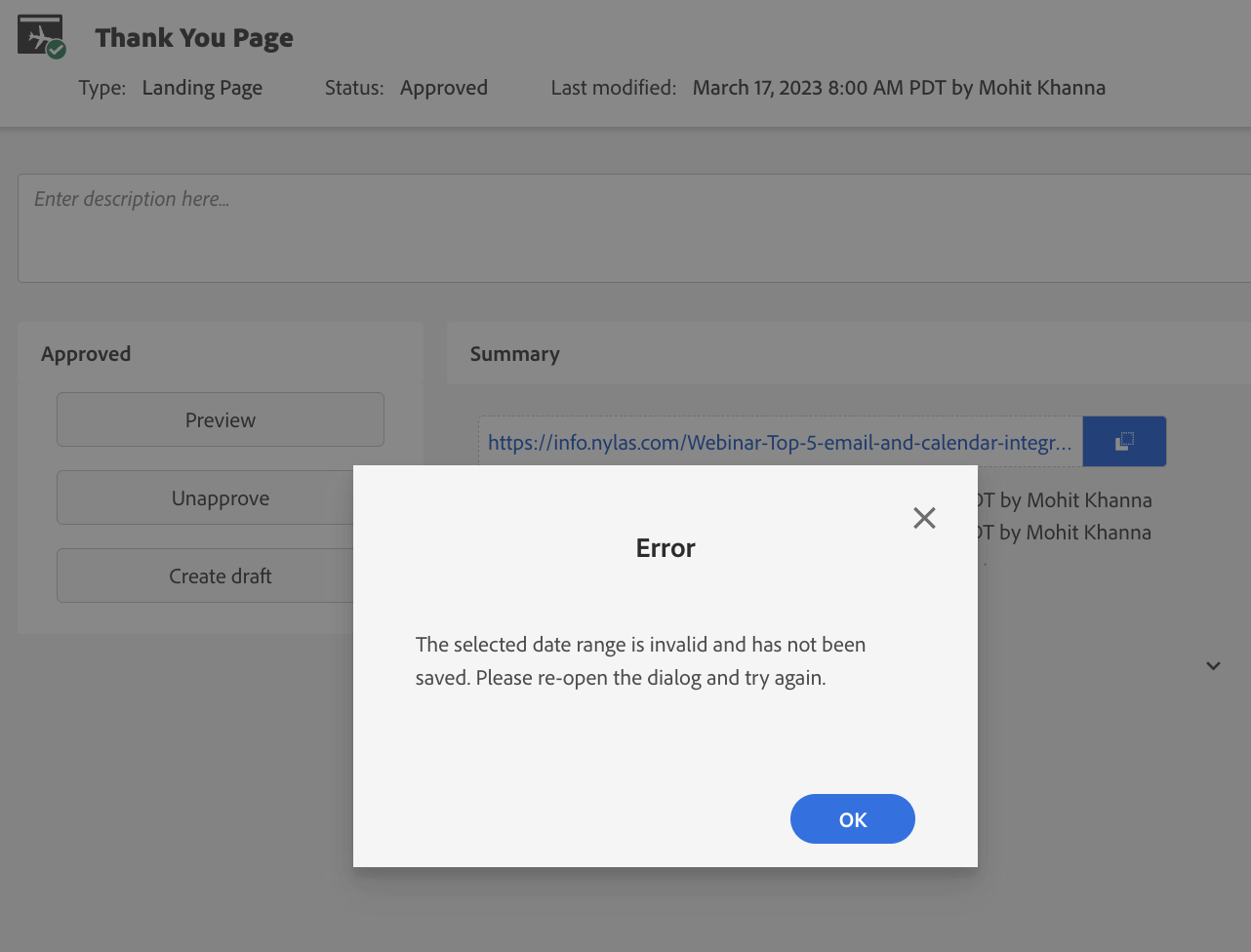 Solved: Landing Page Error - "The selected date range" - Marketing Nation