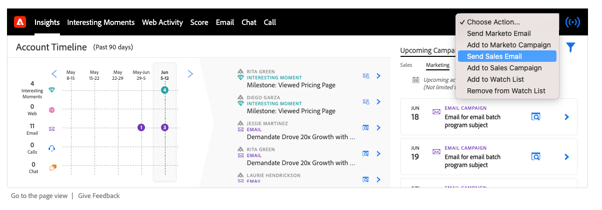 Sales Insight Actions: Send Sales Email vs Send Marketo Email and Add ...